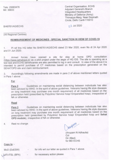 ECHS Special Sanction for Reimbursement of Medicines in view of COVID ...