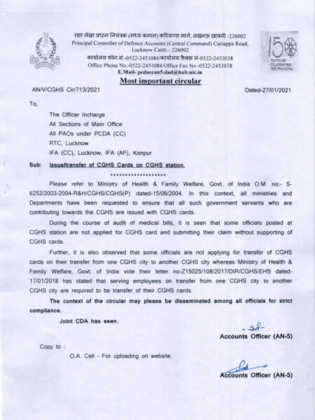 Issue/transfer of CGHS Cards on CGHS station - PCDA Central Command ...