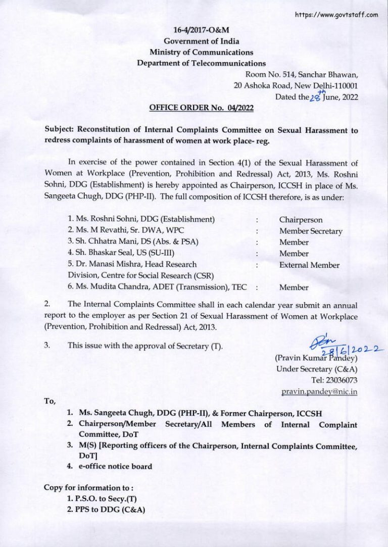 Reconstitution of Internal Complaints Committee on Sexual Harassment to ...