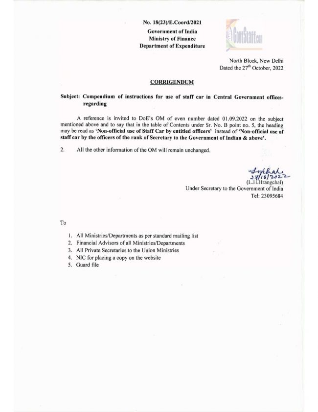 Compendium of instruction for use of staff car in Central Government offices - Corrigendum ...