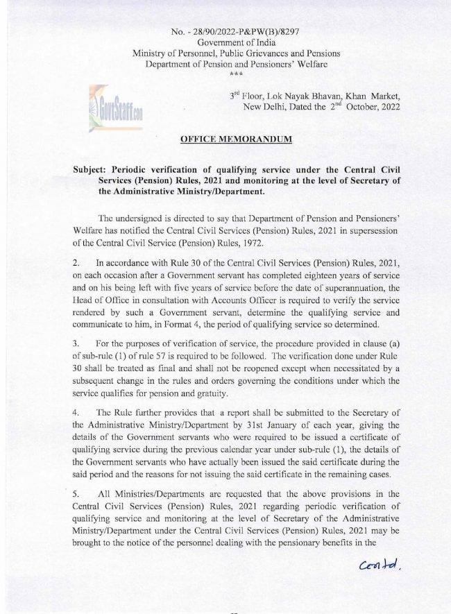 Periodic verification of qualifying service under the Central Civil ...