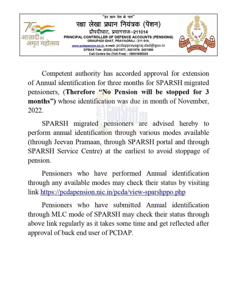 Extension of Annual Identification for SPARSH migrated pensioners ...