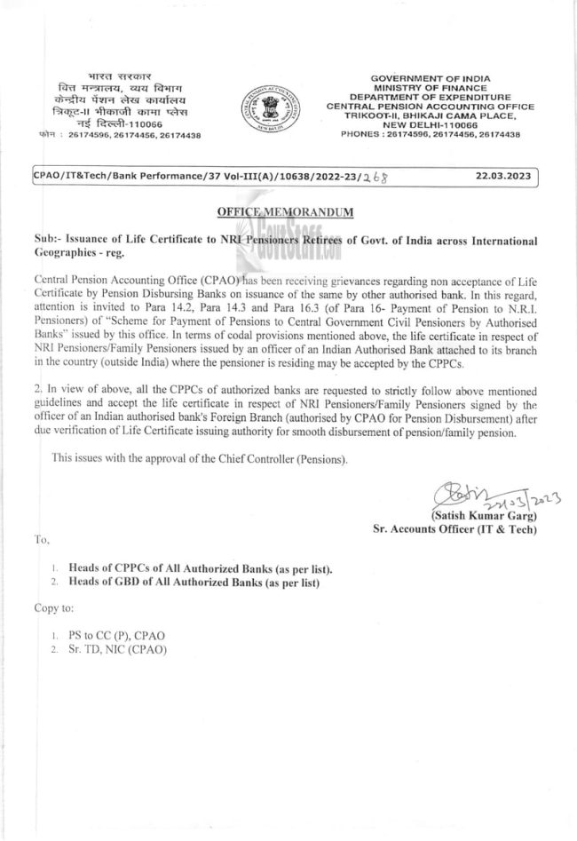 Issuance of Life Certificate to NRI Pensioners Retirees of Govt. of ...