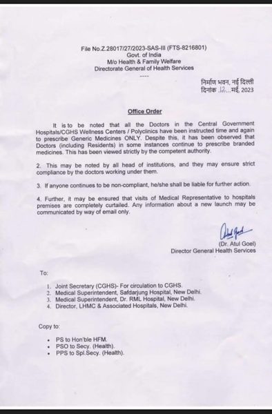 Prescribe Generic Medicines ONLY and curtail visit of Medical Representative to hospitals ...