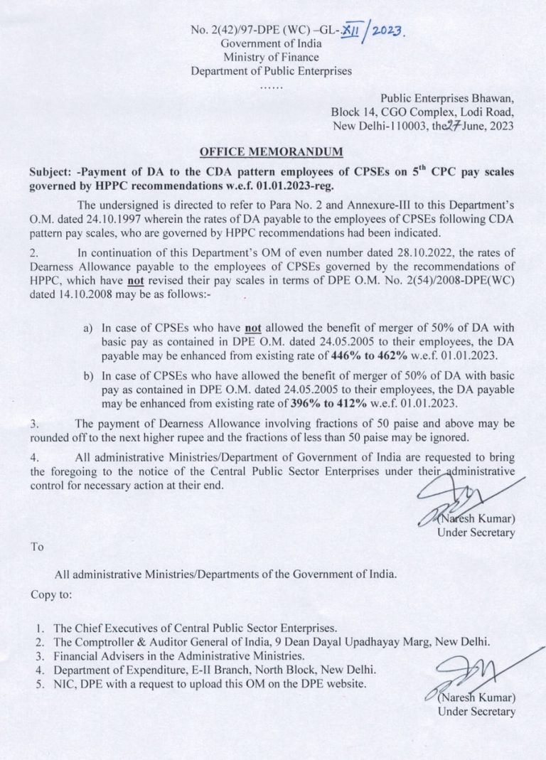 5th CPC DA from 01.01.2023 to the CDA pattern employees of CPSEs ...