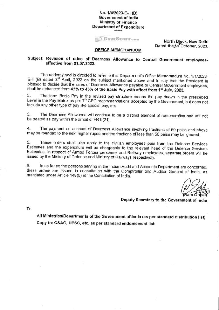 Revised rates of Dearness Allowance at 46% w.e.f. 1st July 2023 ...