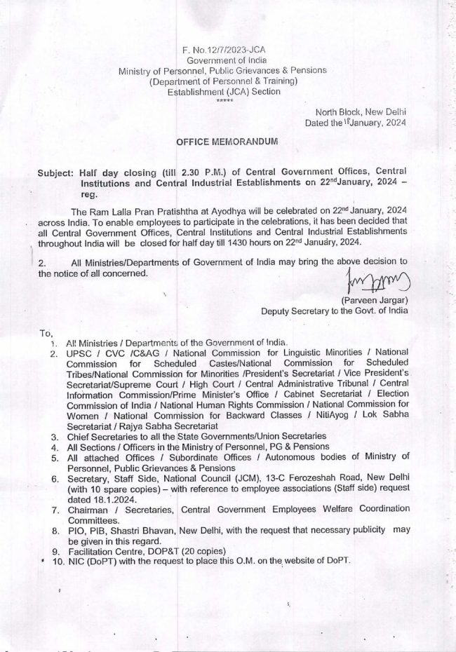 Half day closing (till 2.30 P.M.) of Central Government Offices ...