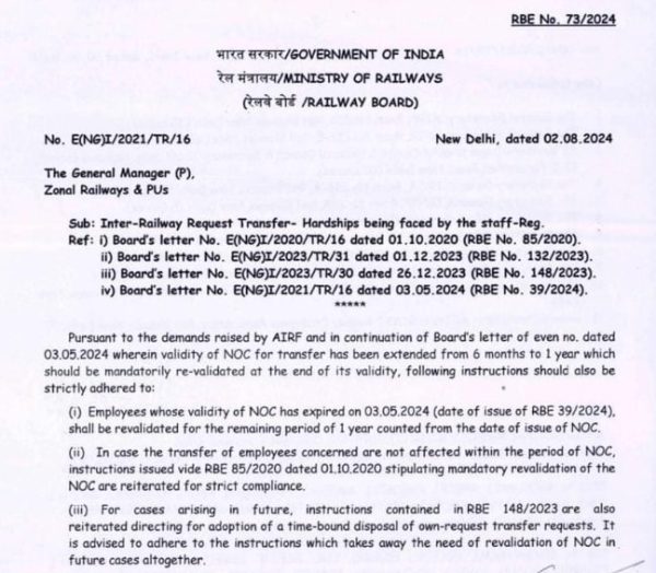 Inter-Railway Request Transfer-Hardships being faced by the staff: Instructions issued by ...